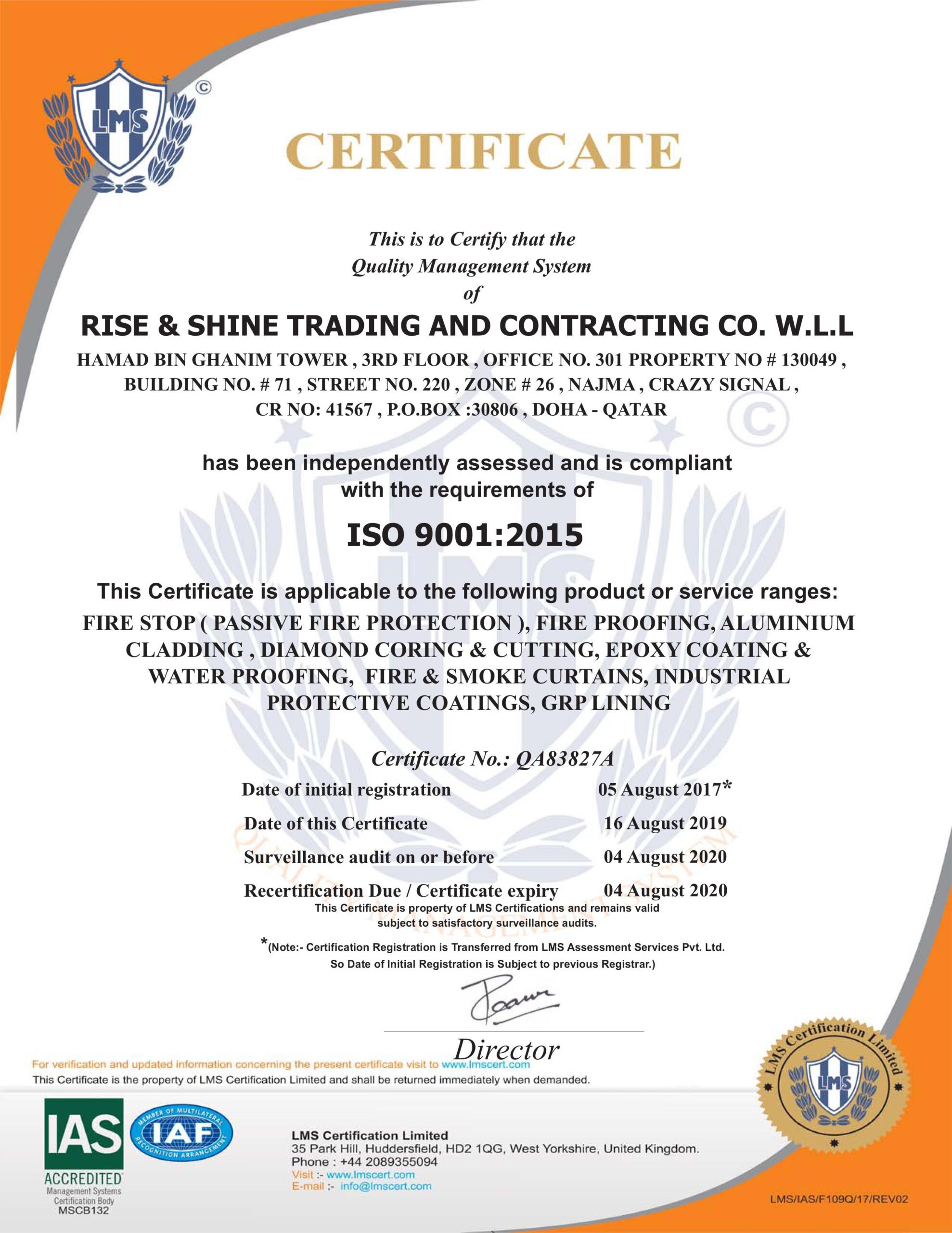 ISO Certificates - Firestop Contractors in Qatar | Rise And Shine Group ...